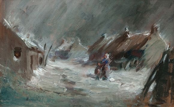 Bonhams : John Russell Greig (British, 1870-1962) A village in winter ...