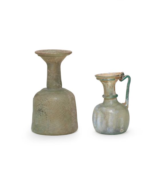 Bonhams : A Roman pale blue glass jug and a Roman pale green glass carafe 2