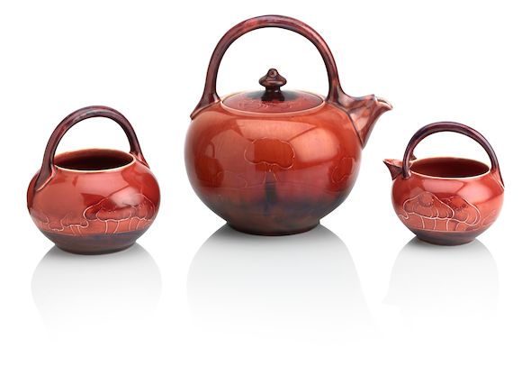 Bonhams : A William Moorcroft 'Claremont' three piece tea set Circa 1907