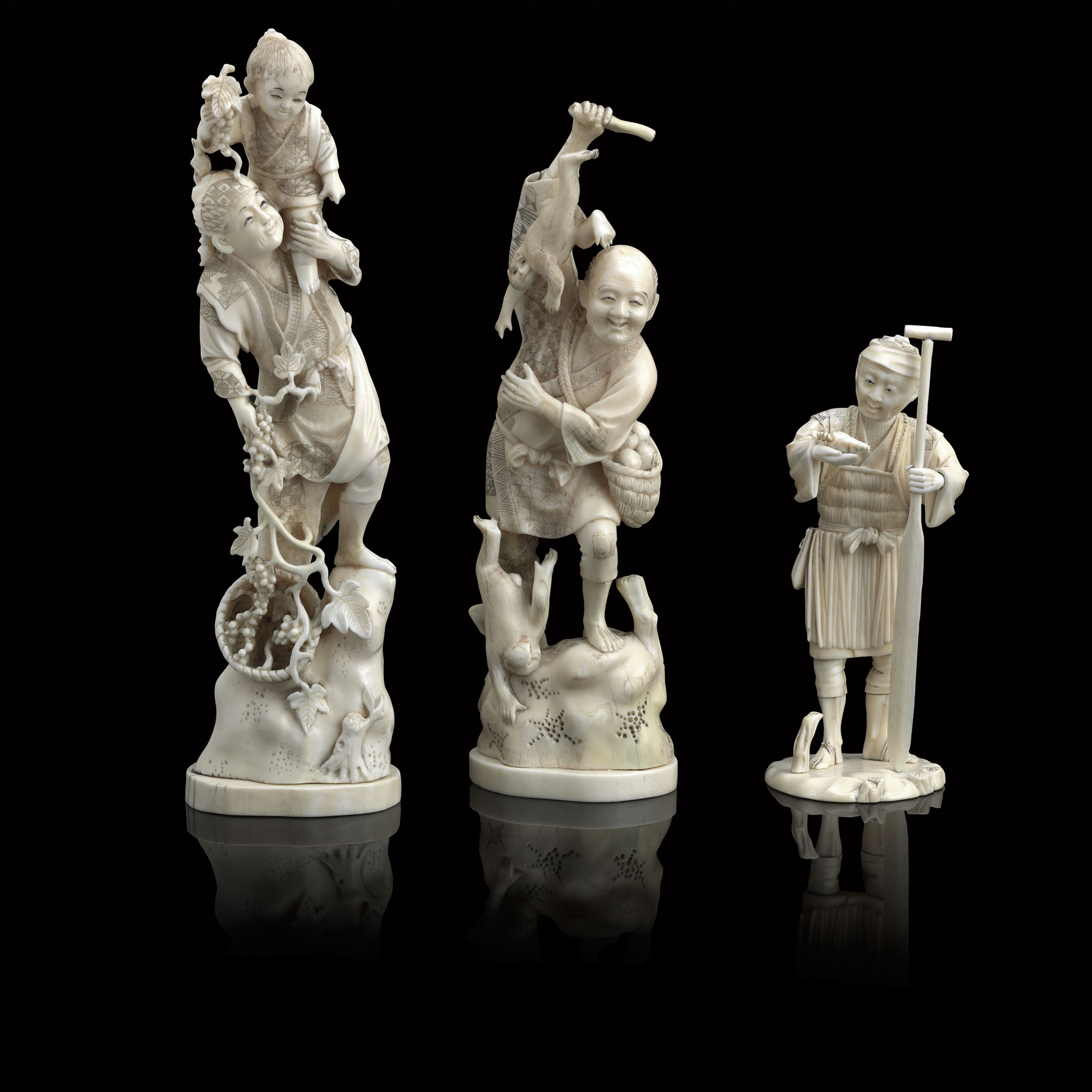 Bonhams : Three Japanese ivory and marine ivory figural okimono Meiji ...