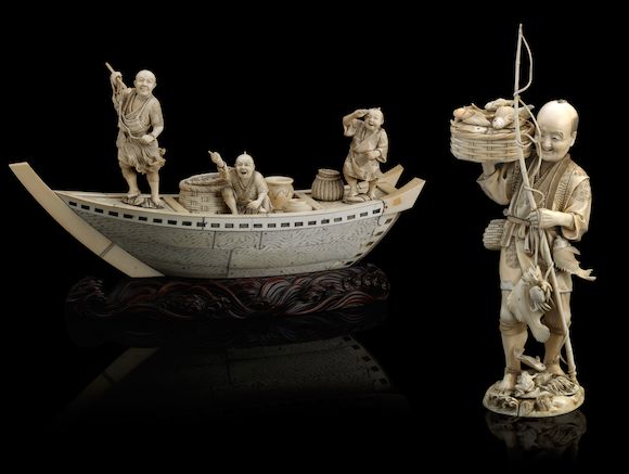 Bonhams : A Japanese carved ivory fishing vessel on wood stand together ...