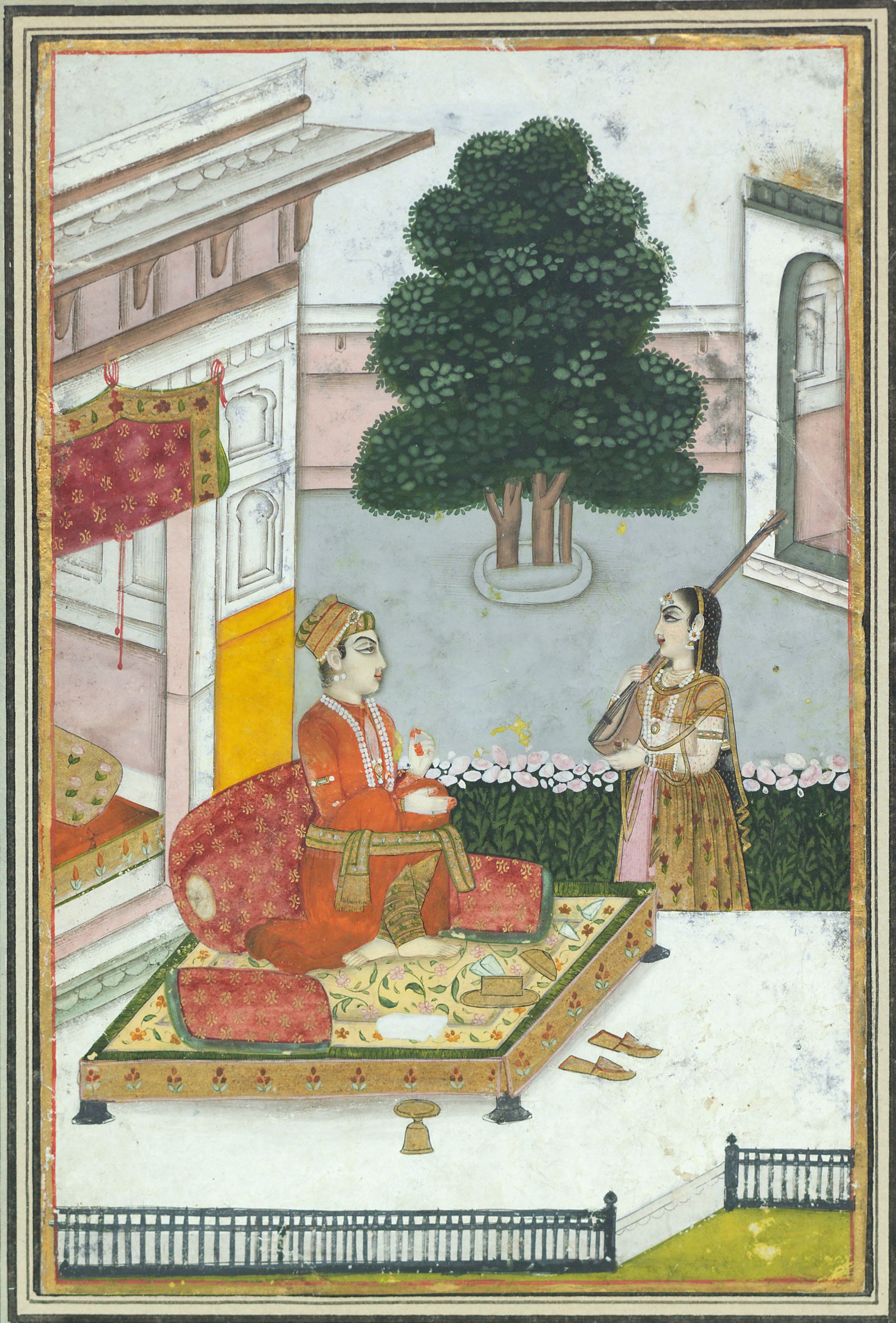 Bonhams : A prince seated on a terrace with a female musician Mughal ...