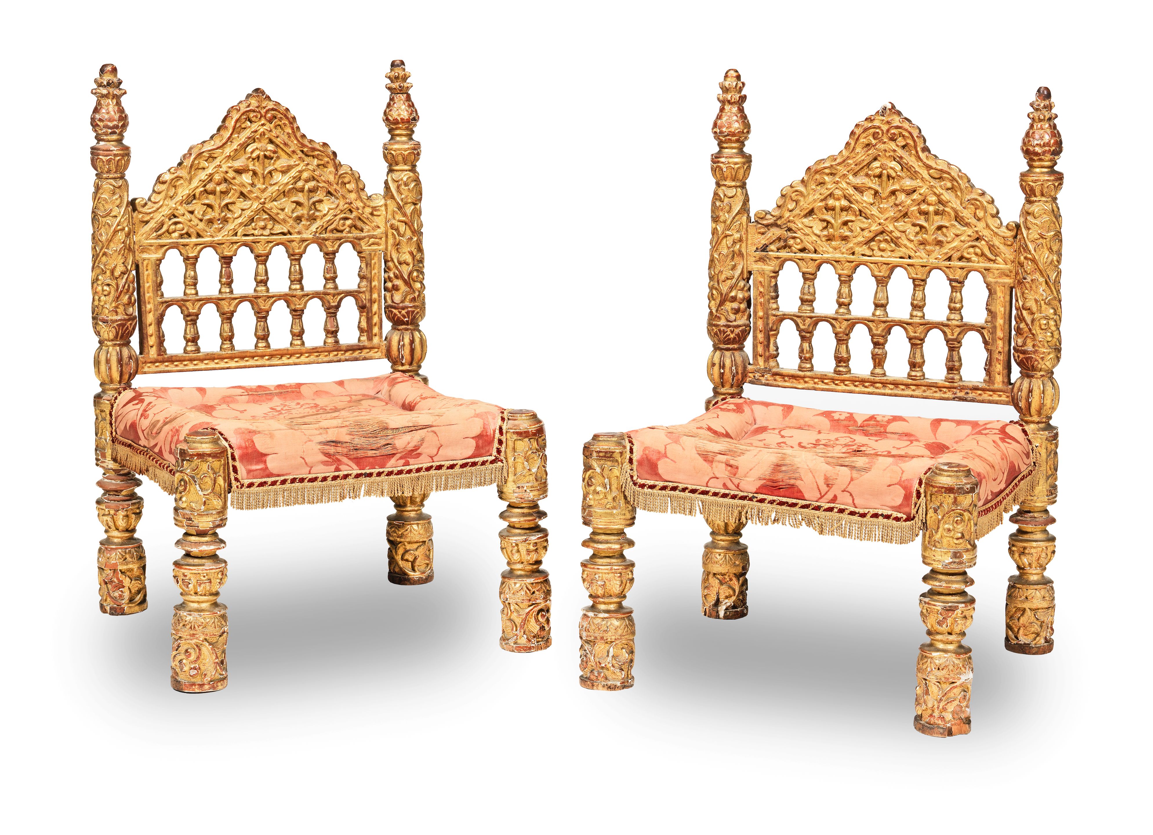 Bonhams : An interesting pair of carved giltwood low chairs, Indo ...