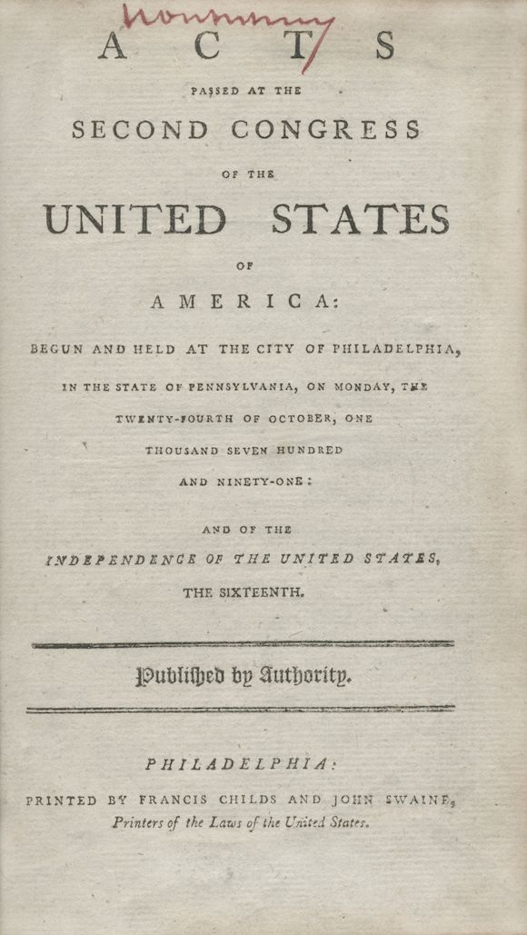 Bonhams : AMERICA - ACTS OF CONGRESS Acts Passed at the Second Congress ...