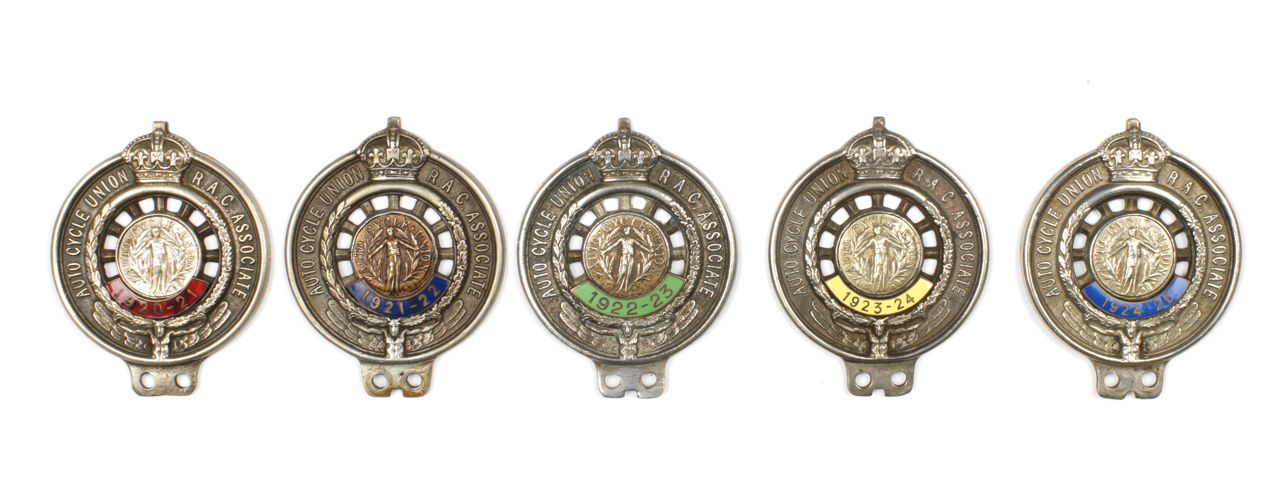 Bonhams Cars : A set of five RAC Auto-Cycle Union Associate badges with ...