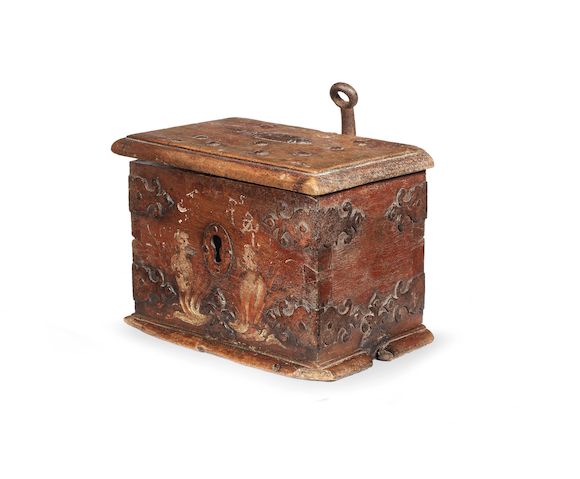 Bonhams : A walnut and polychrome-painted alms box, French