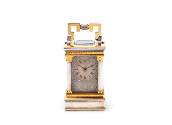 Bonhams : A good late 19th century French silvered and gilt brass minature carriage timepiece ...