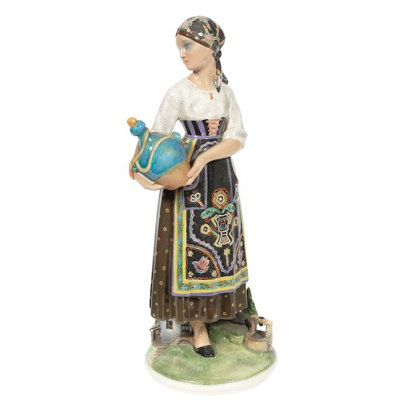 Bonhams : a lenci pottery study of a woman holding a lidded jar MAKER'S ...