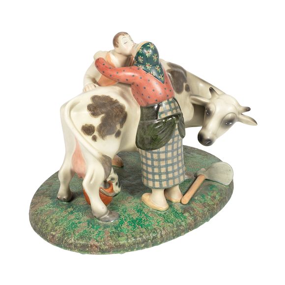 Bonhams : a lenci pottery study of a man and woman embracing with cow ...