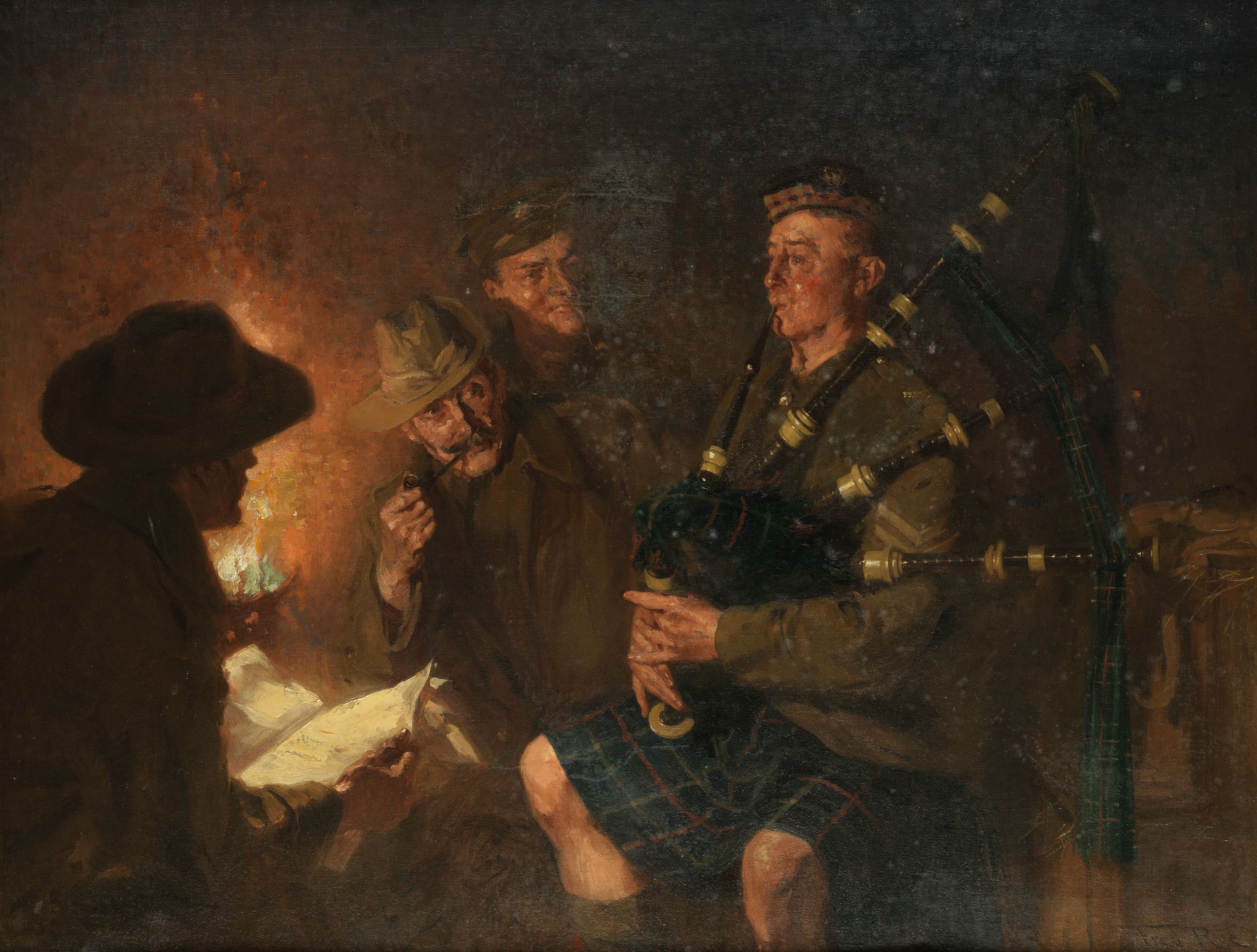 Bonhams : Fred Roe (British, 1865-1947) The pipes by firelight