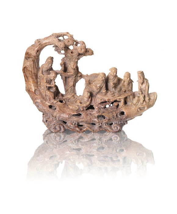 Bonhams : A soapstone carving of the Eight Immortals on a raft Late ...
