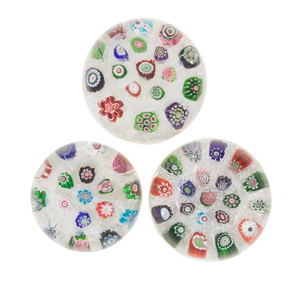 Bonhams : Three Clichy spaced millefiori chequer paperweights, circa 1850