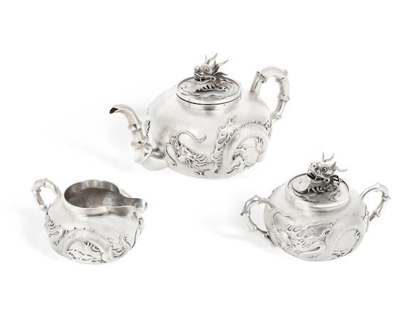 Bonhams A Chinese Export Repoussé Silver Three Piece Tea Set Wang