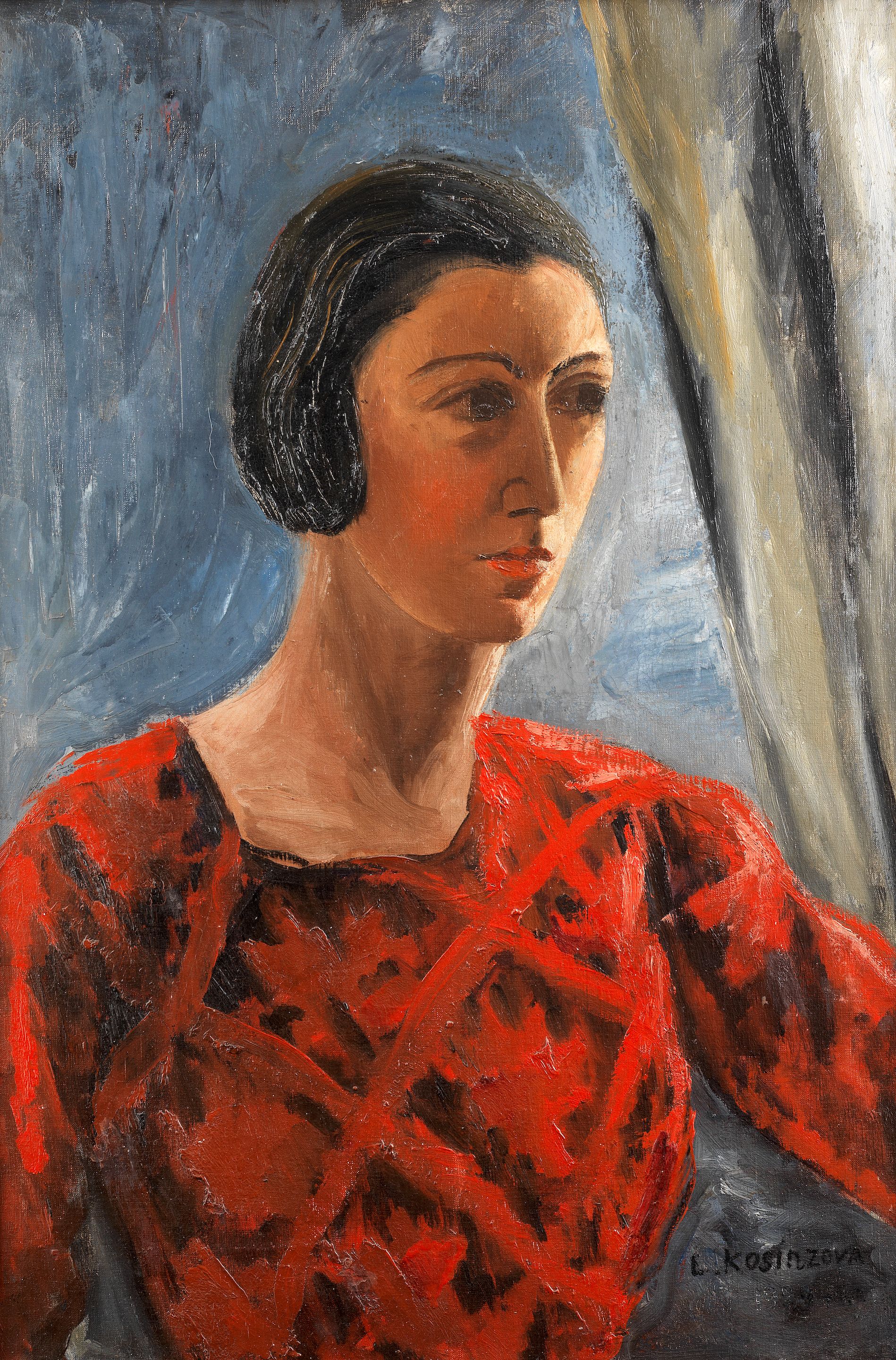 Bonhams : Lyubov Kozintzeva-Erenburg (1898-1978) Self-portrait in red dress
