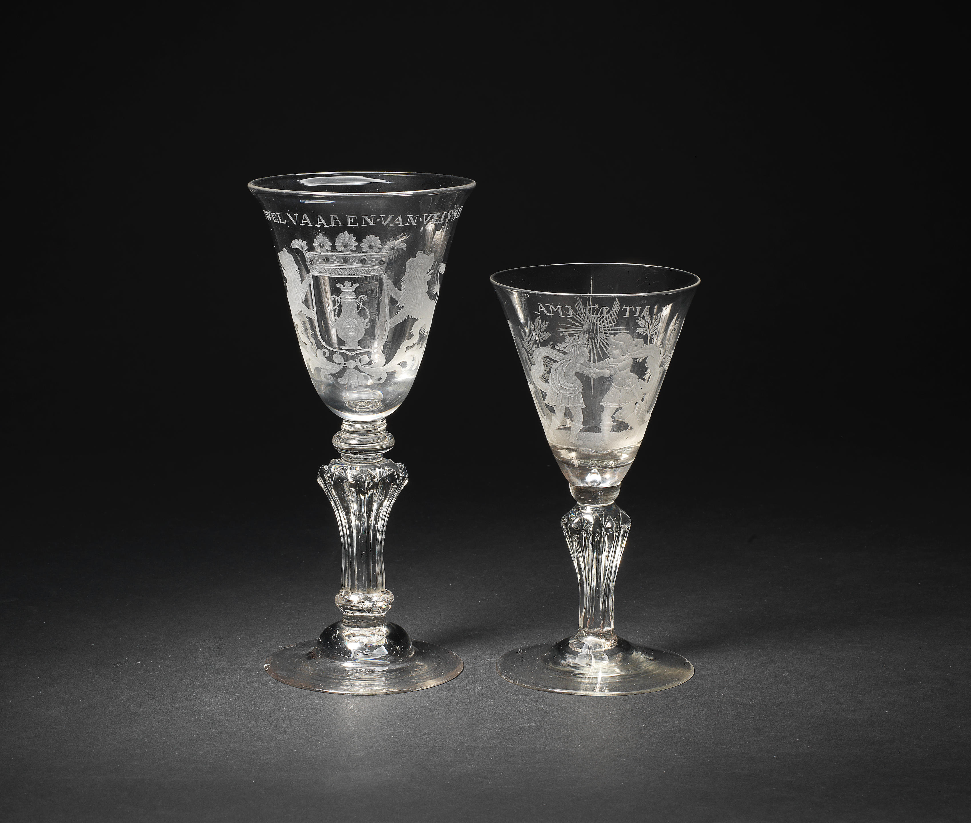 Bonhams Two Dutch Engraved Moulded Stem Wine Glasses Circa 1730 40