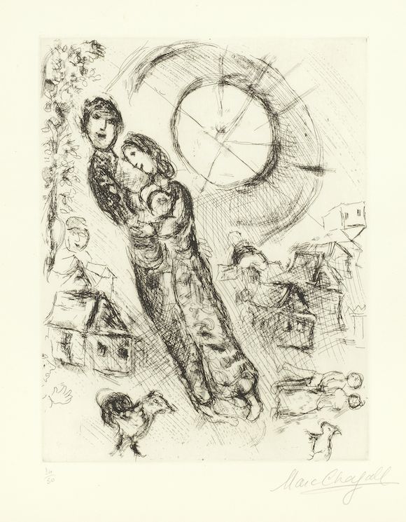 Bonhams : Marc Chagall (Russian/French, 1887-1985) Soleil aux Amoureux Etching, 1968, on wove ...
