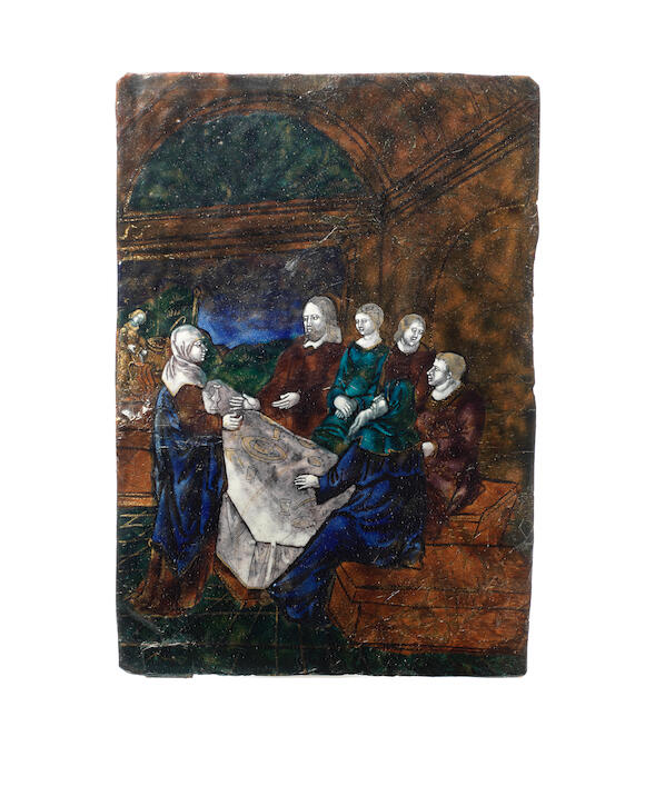 Bonhams : A 16th century Limoges enamel plaque depicting The Wedding Feast at Cana