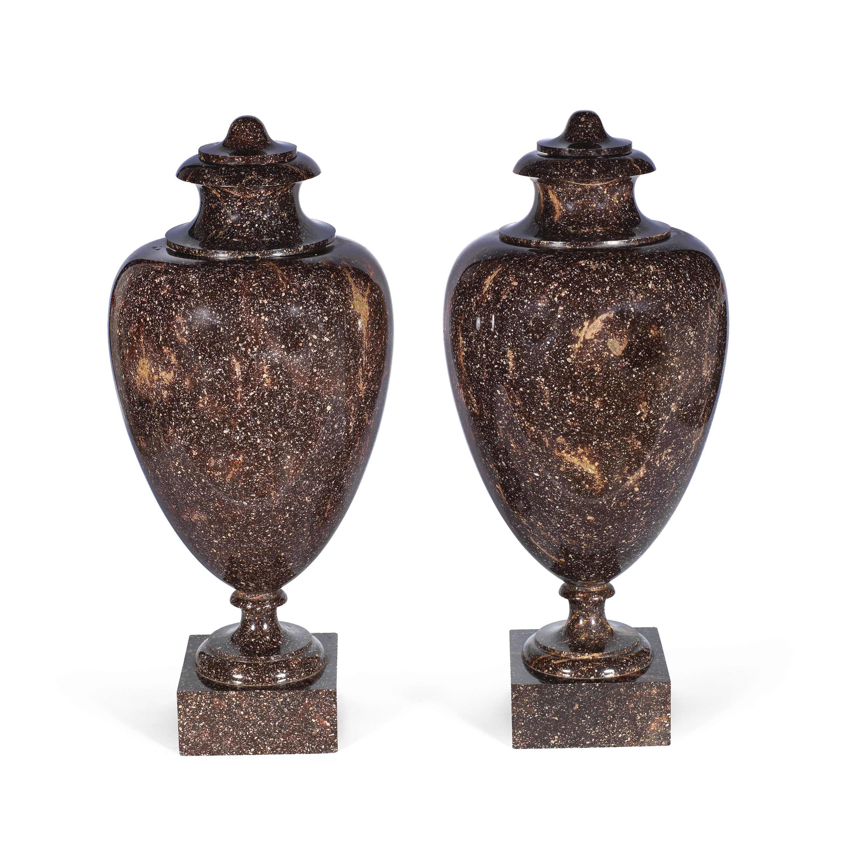 Bonhams : A pair of Swedish Blyberg porphyry pedestal urns and covers ...