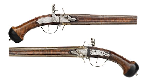 Bonhams : A Fine Pair Of French 50-Bore Flintlock Turn-Over Pistols (2)