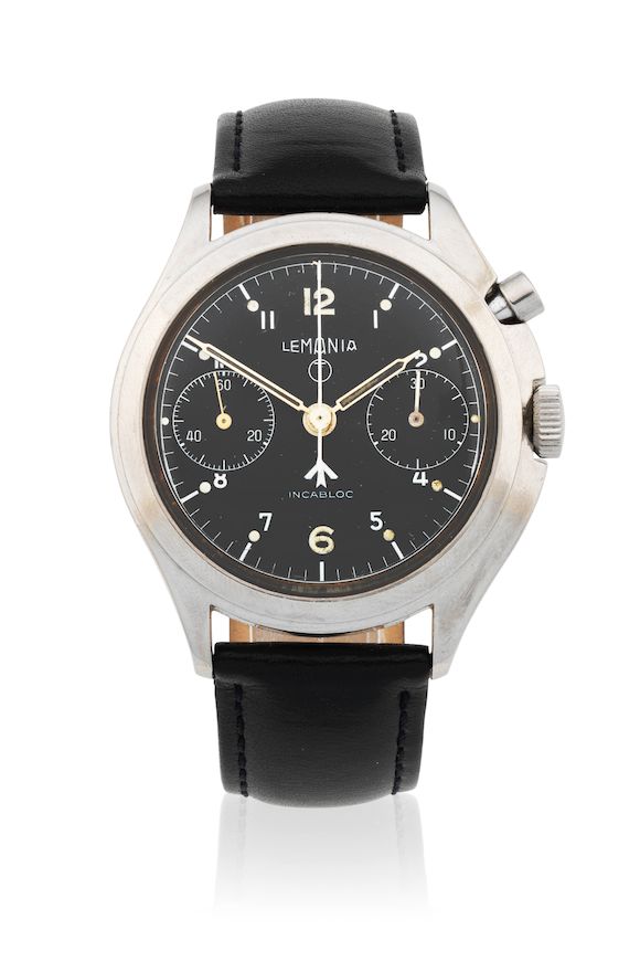 Bonhams : Lemania. A stainless steel military manual wind single button ...
