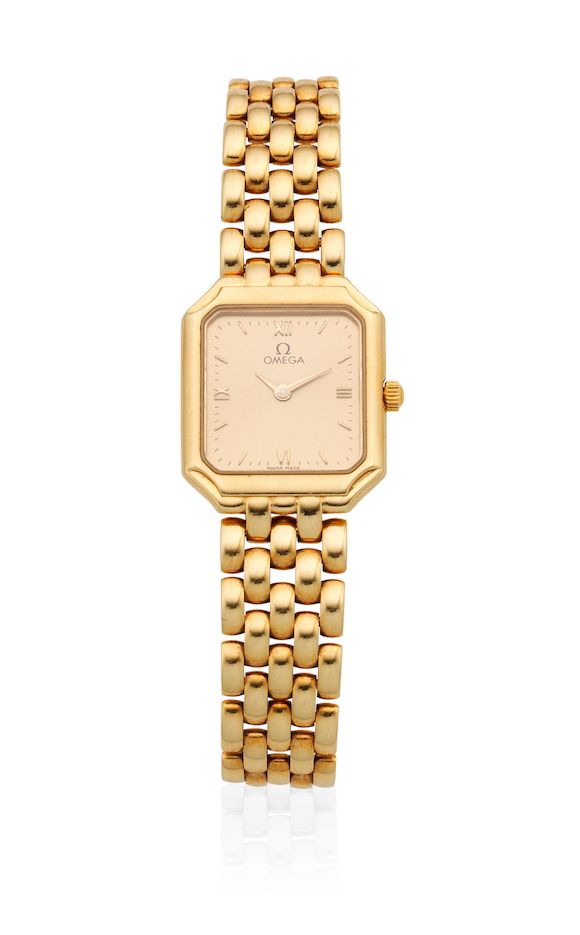 Bonhams : Omega. A lady's 18K gold quartz rectangular bracelet watch ...