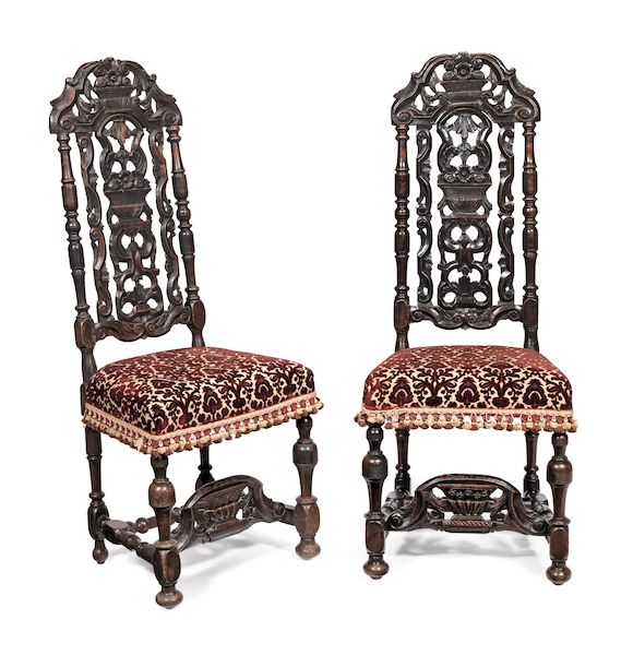 Bonhams : A pair of joined walnut and upholstered high-back side chairs ...