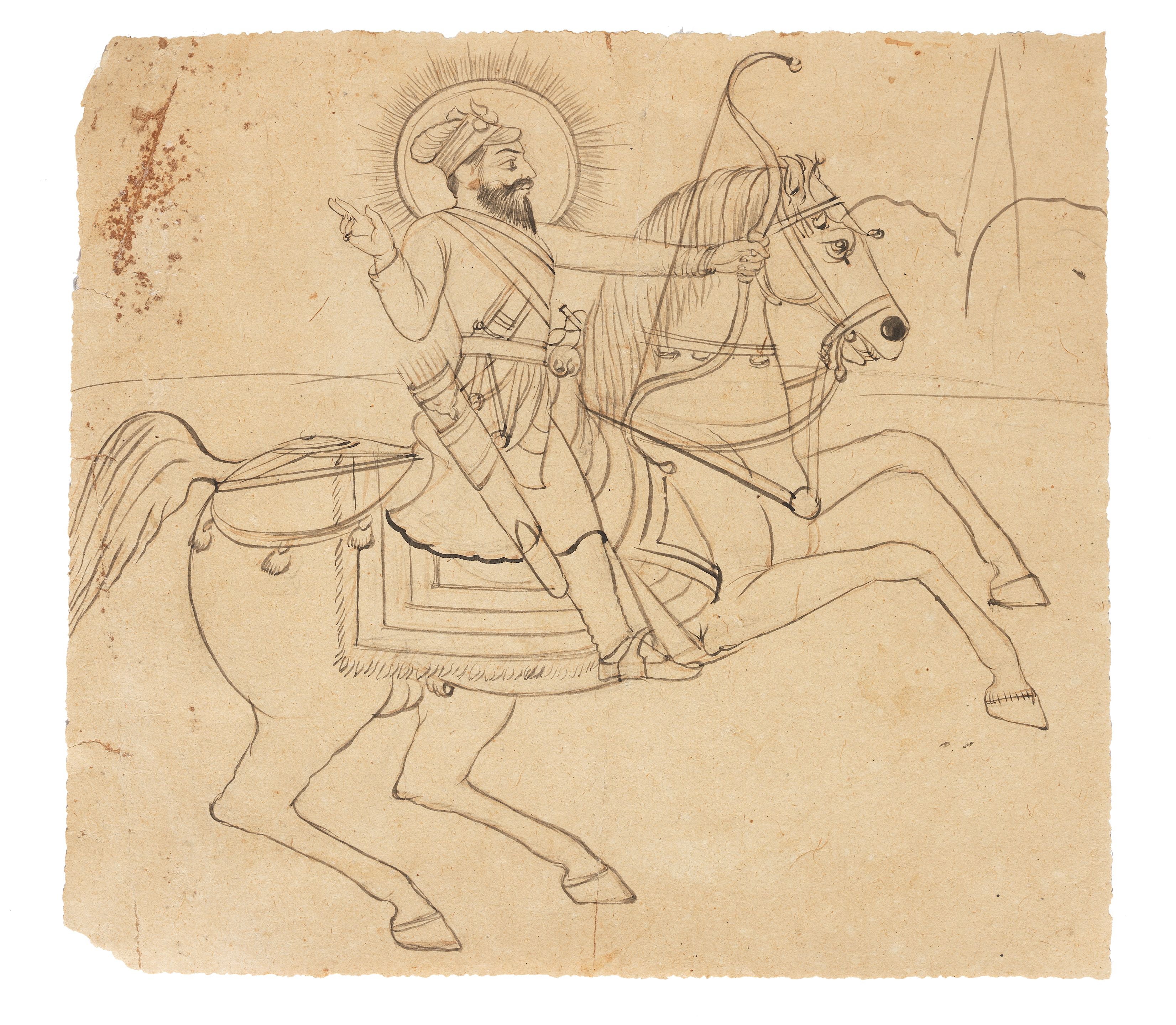 Bonhams : Guru Gobind Singh, the tenth Sikh Guru, on horseback, firing an arrow from his bow ...