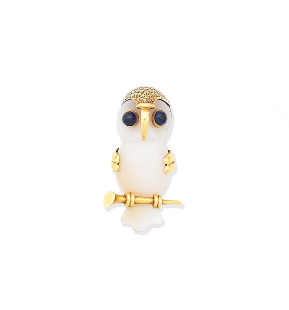 Bonhams : A chalcedony and sapphire owl brooch, by Cartier, circa 1965