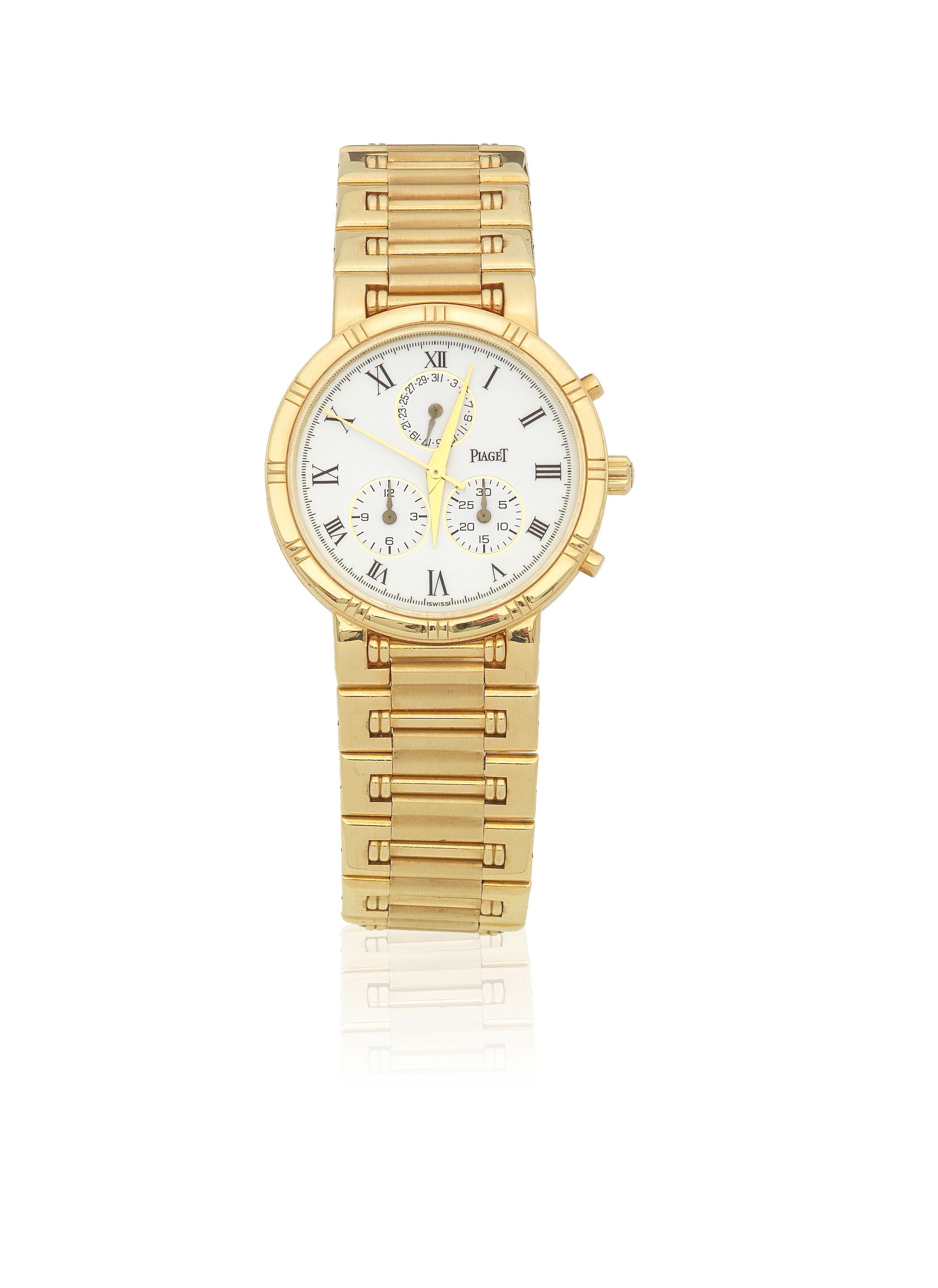 Bonhams : Piaget. An 18K gold quartz calendar chronograph bracelet ...