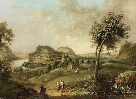 Bonhams : German School, 18th Century An extensive river landscape with travellers on a country path