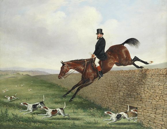 Bonhams : English School, 19th Century Huntsman jumping a wall