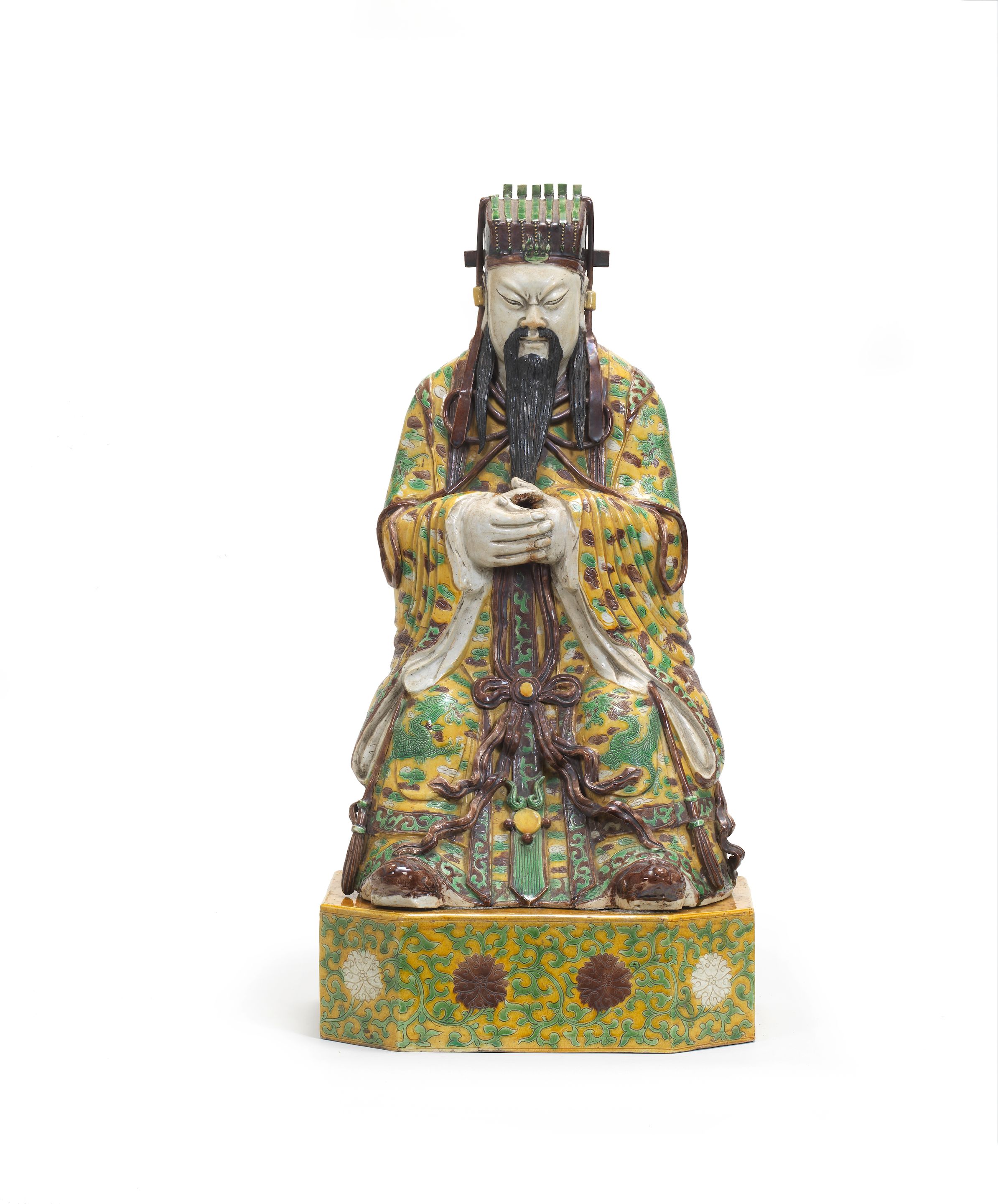 Bonhams : A large yellow, green and aubergine-enamelled figure of Wen ...