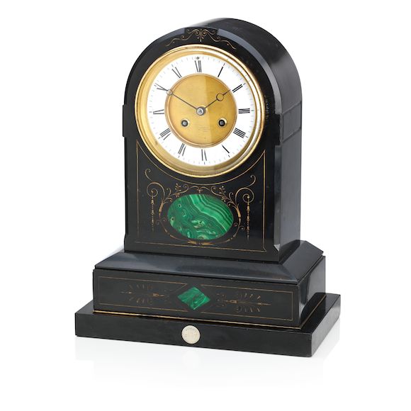 Bonhams : A French 19th century black slate and malachite mantle clock ...