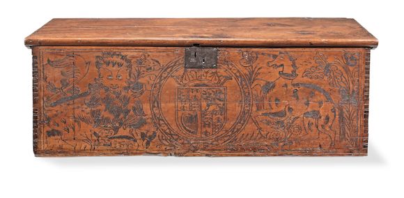 Bonhams : A 17th century cyprus-wood 'pitch'-decorated boarded chest ...