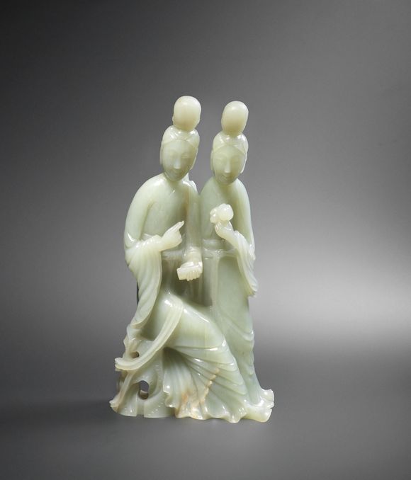 Bonhams : A pale green jade 'Qiao sisters' group Late Qing Dynasty