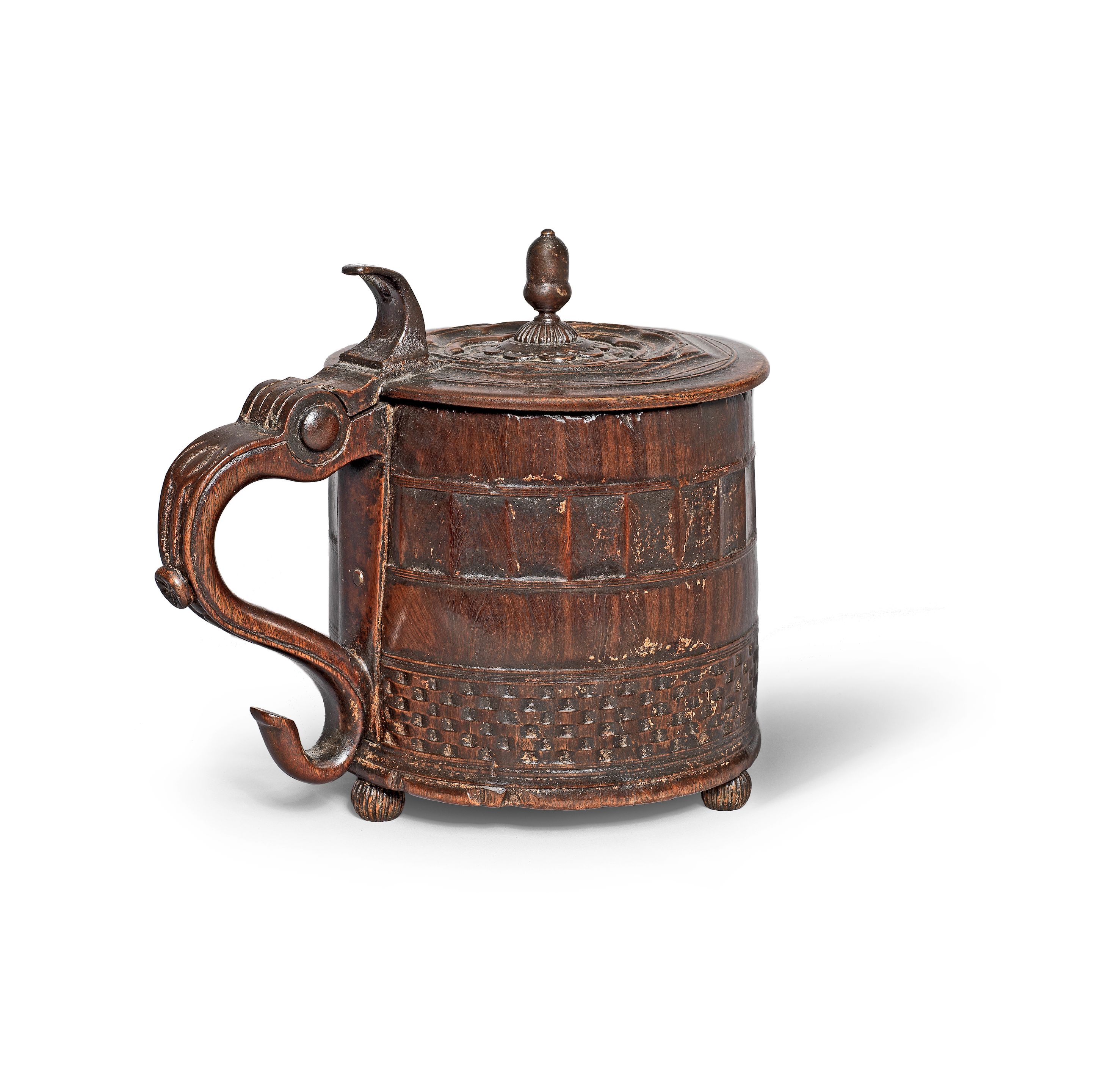 Bonhams : A rare mid-17th century engine-turned lignum vitae tankard ...