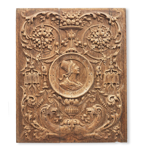 Bonhams : A set of seven mid-16th century carved oak 'Romayne'-type panels, Flemish, circa 1550 (11)