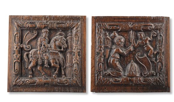 Bonhams : A pair of carved oak panels, Flemish, circa 1600, scenes from ...