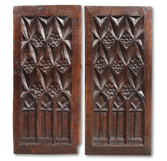 Bonhams : A pair of carved oak tracery panels, French (2)