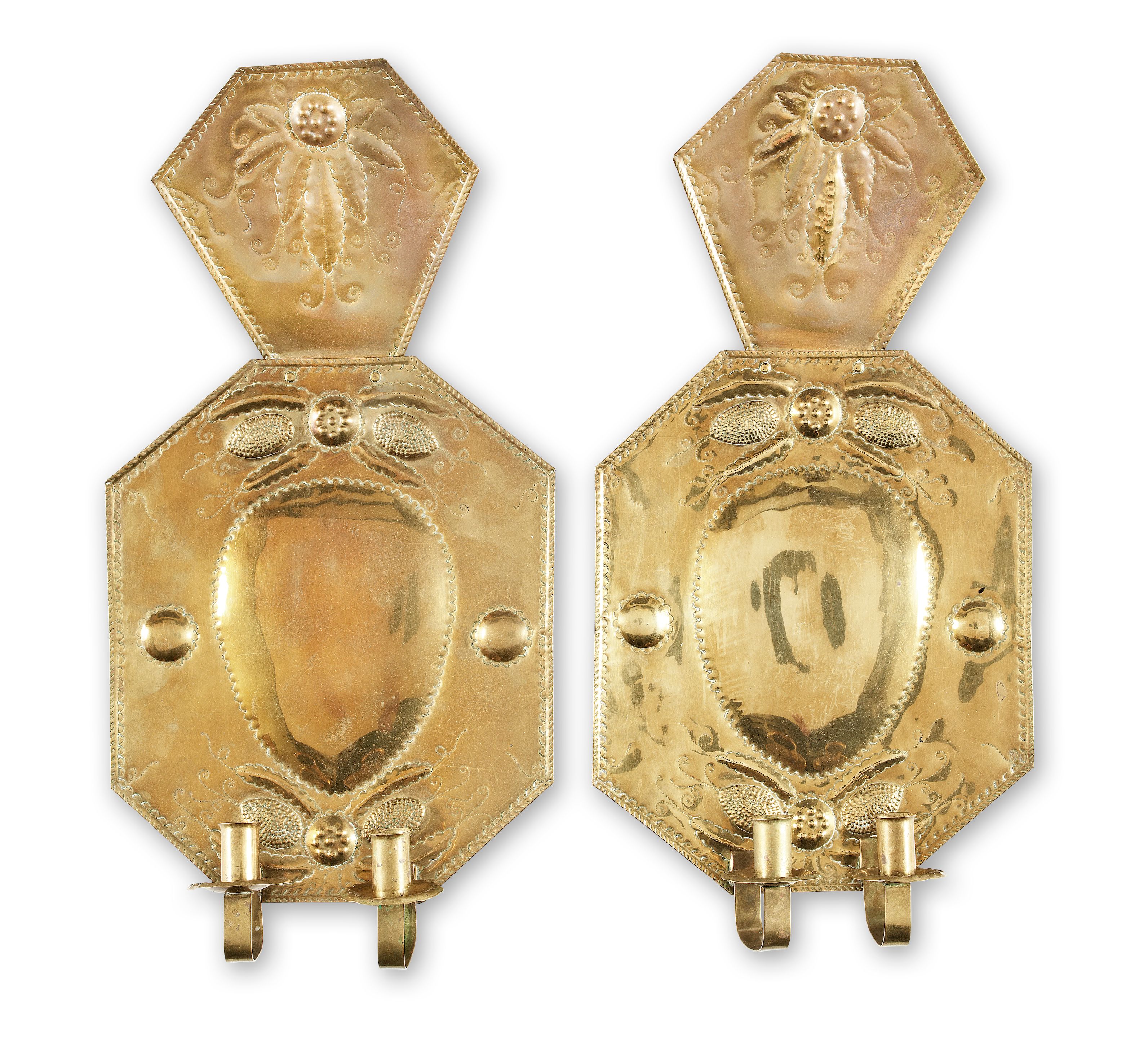 Bonhams : A large pair of late 17th century sheet brass wall sconces ...