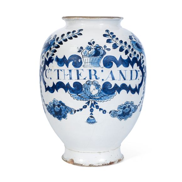 Bonhams : A large London delftware drug jar, circa 1700