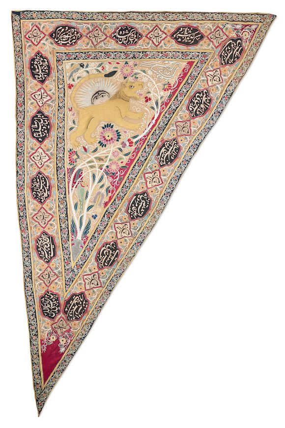 Bonhams : A rare Qajar Resht silk embroidered wool standard made for ...