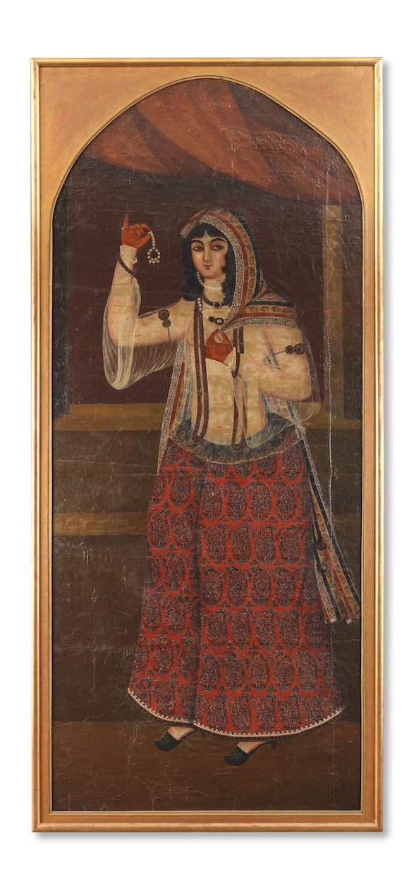 Bonhams : A maiden in an interior holding a Jewel Qajar Persia, first ...