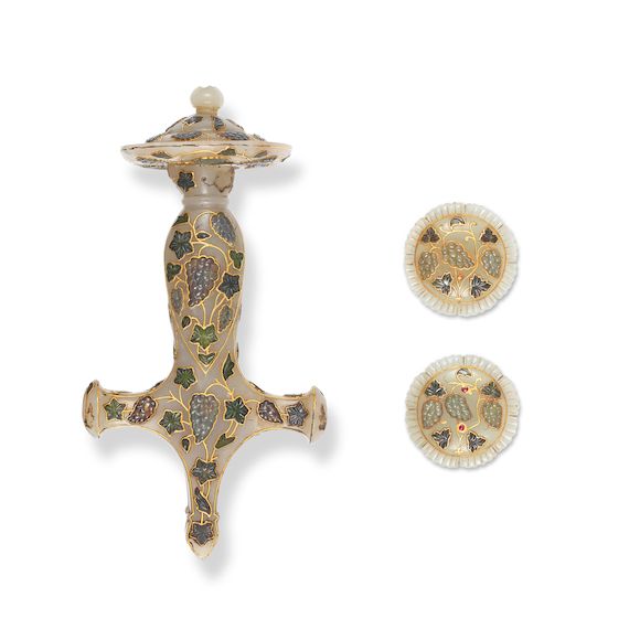 Bonhams : A fine Mughal gold and jade inlaid jade tulwar hilt and sword ...