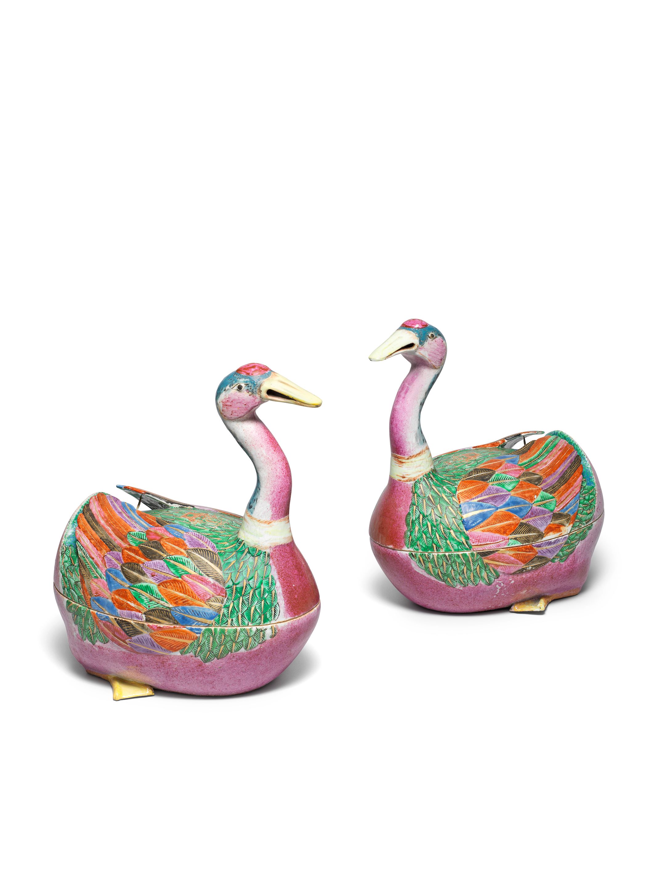 Bonhams : A very fine and rare pair of famille rose 'goose' tureens and ...