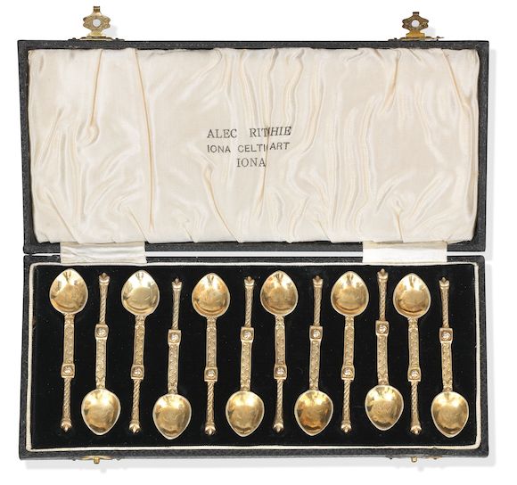 Bonhams : Iona; a cased set of twelve silver-gilt coffee spoons by ...