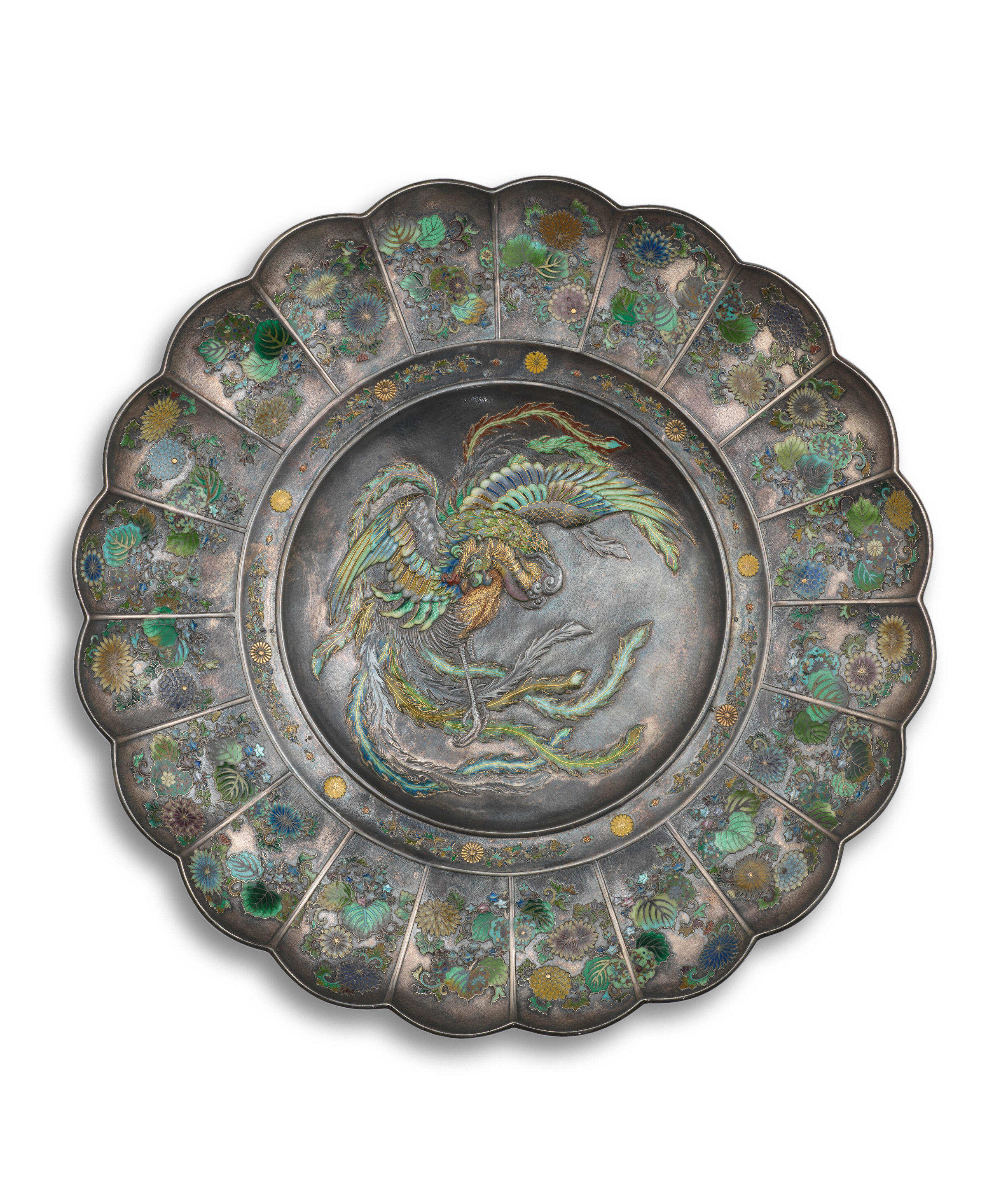 Bonhams : A magnificent silver and enamel dish in the form of a large chrysanthemum bloom ...