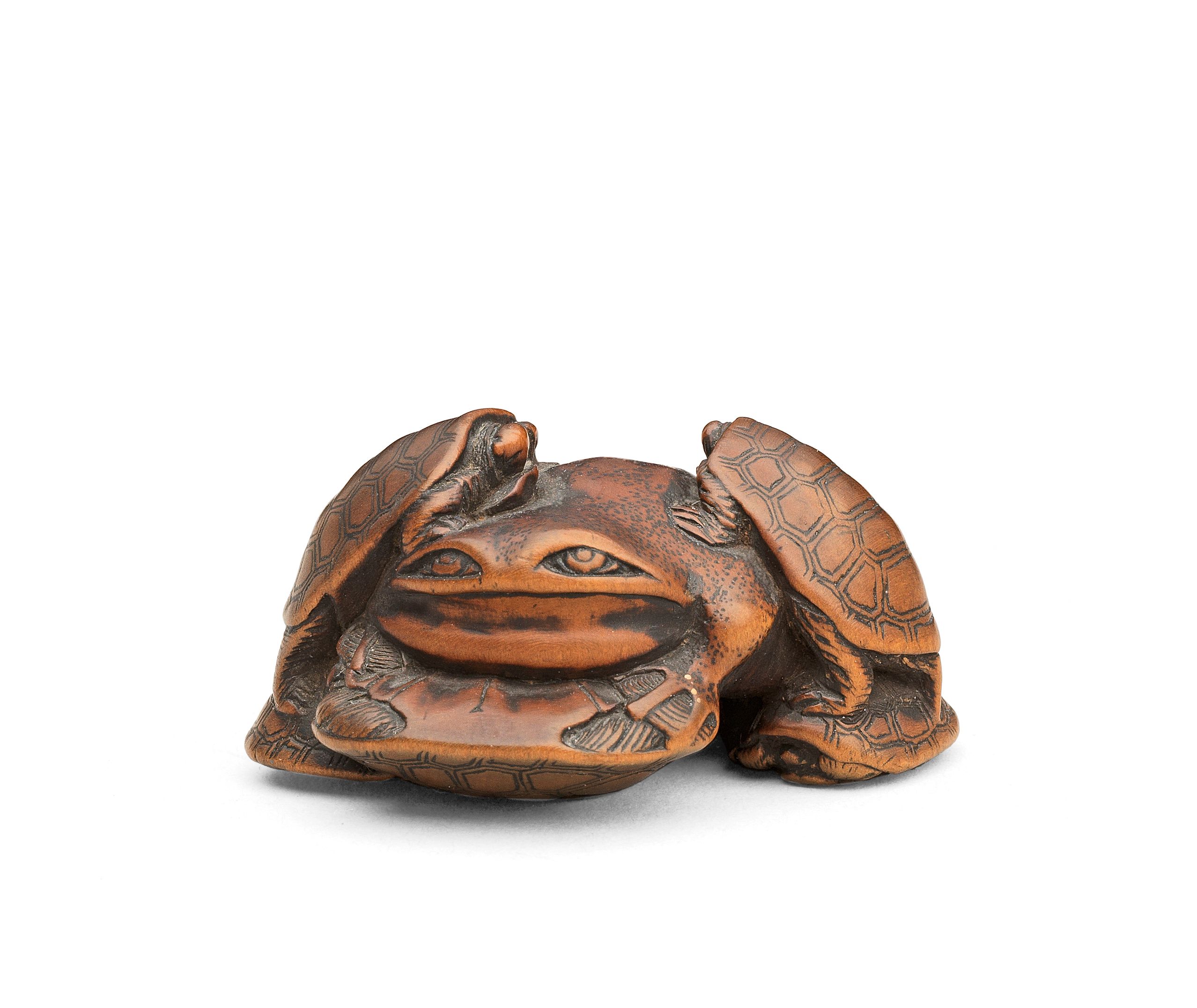 Bonhams : A wood netsuke of terrapins and a frog By Hidetsugu, Edo ...
