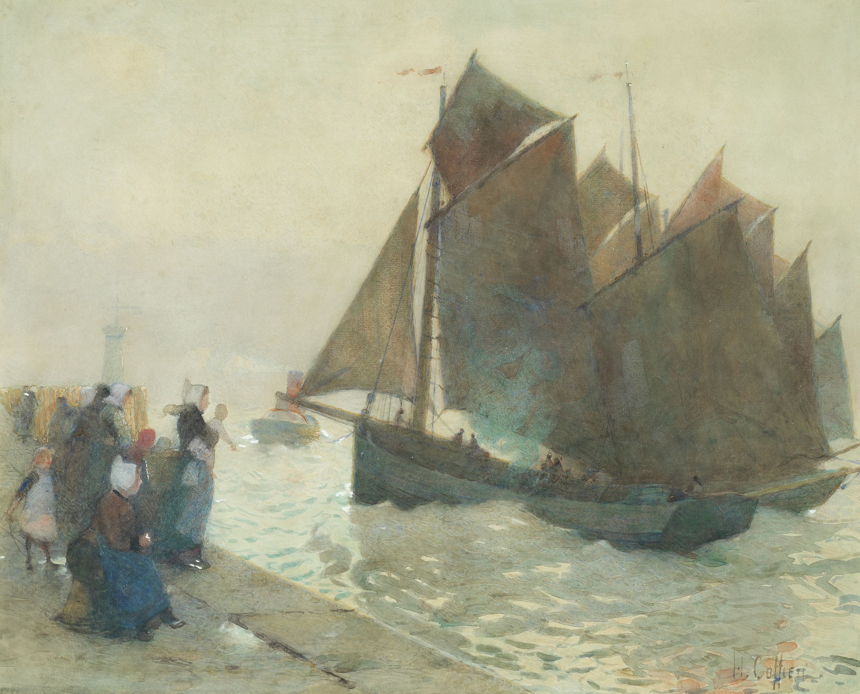 Bonhams : Hector Caffieri (British, 1847-1932) The harbour wall
