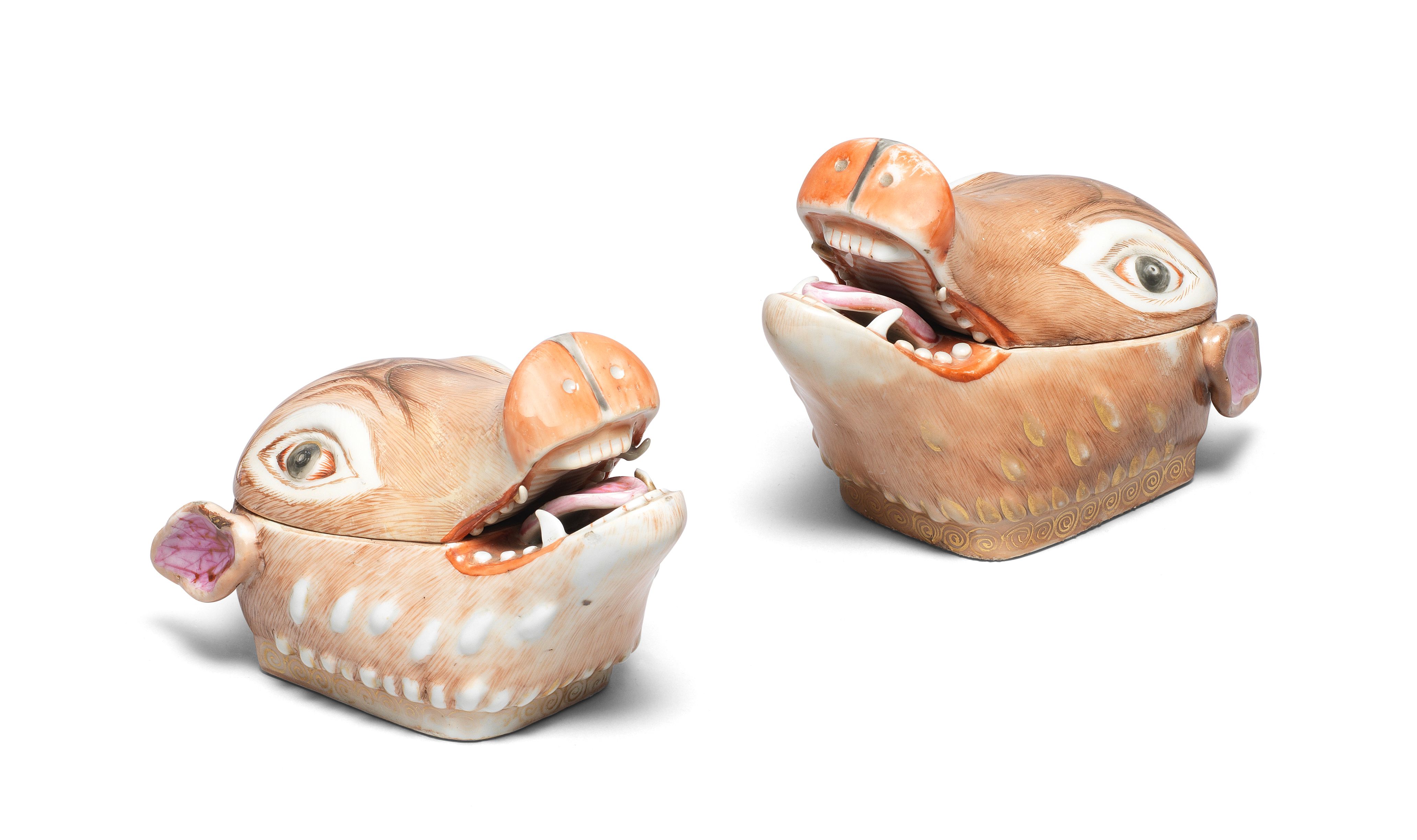 Bonhams : A pair of small famille rose boar-head tureens and covers ...